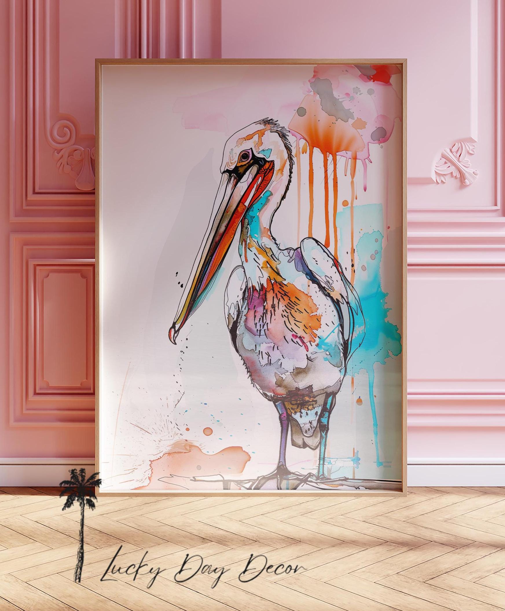 Retro Pelican Print | Coastal Watercolor Print | Colorful Pelican Wall ...