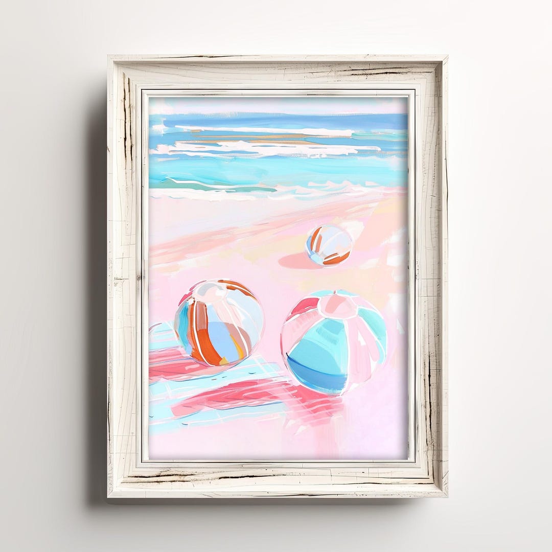 Pink Coastal Beachballs Blowing | Colorful Watercolor Art & Ocean Cottage Decor | Relaxing ...