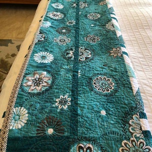 Beautiful Teal and White Modern Herringbone Quilt - 65.5" X 74" FREE U ...