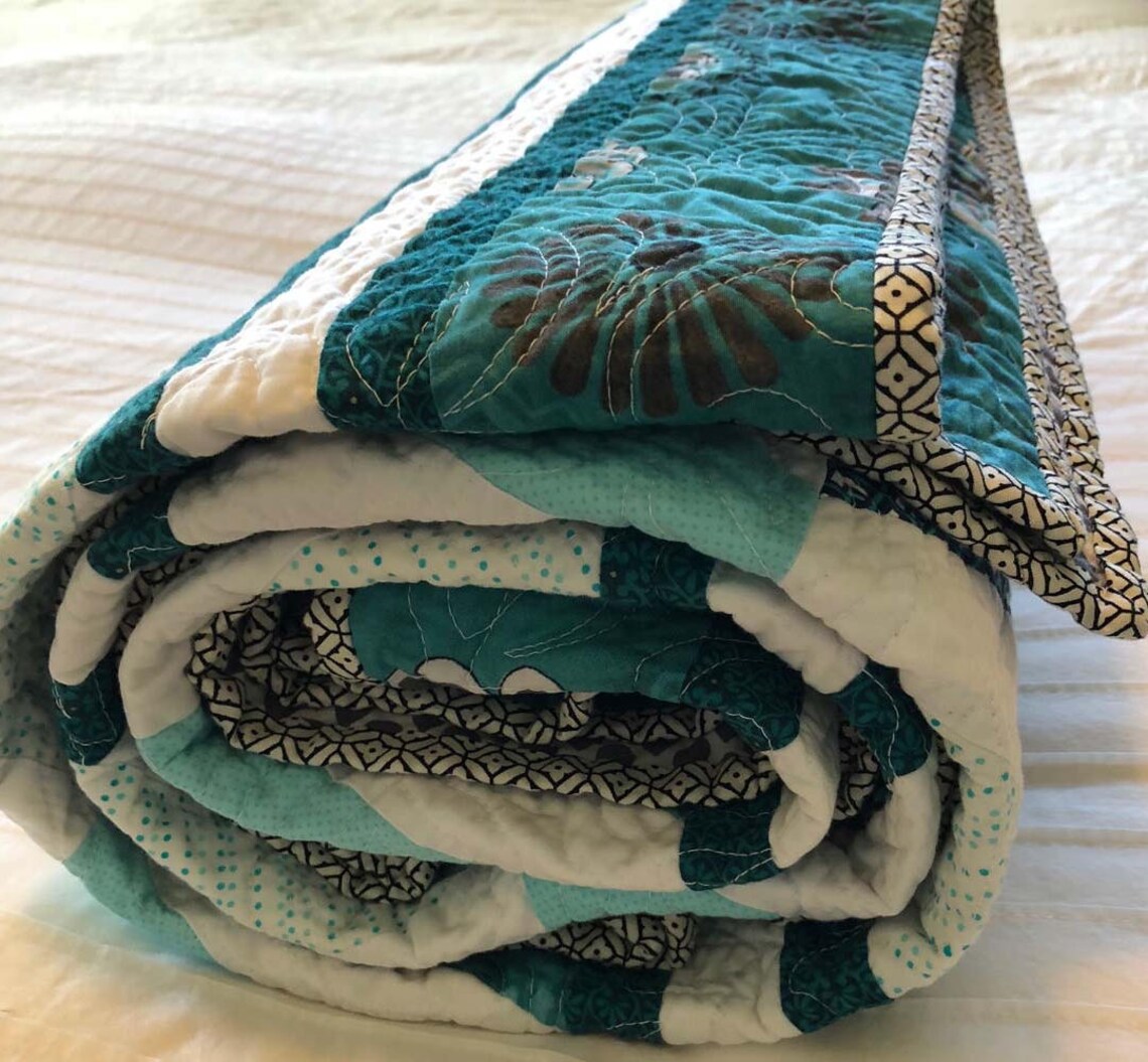 Beautiful Teal and White Modern Herringbone Quilt 65.5 | Etsy