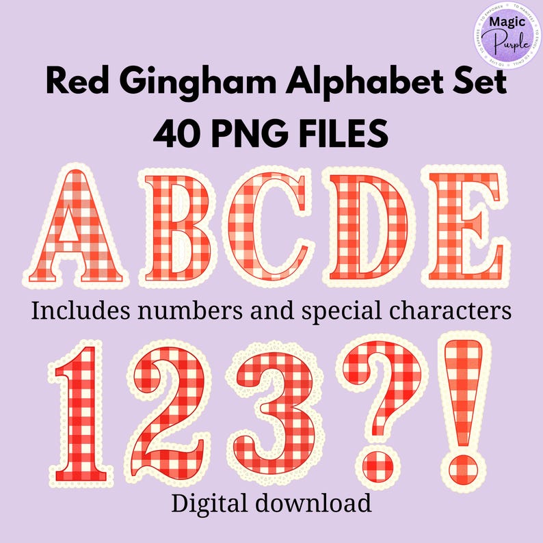 Red Gingham Alphabet PNG: Lace Border, Bilingual Font (digital Download ...