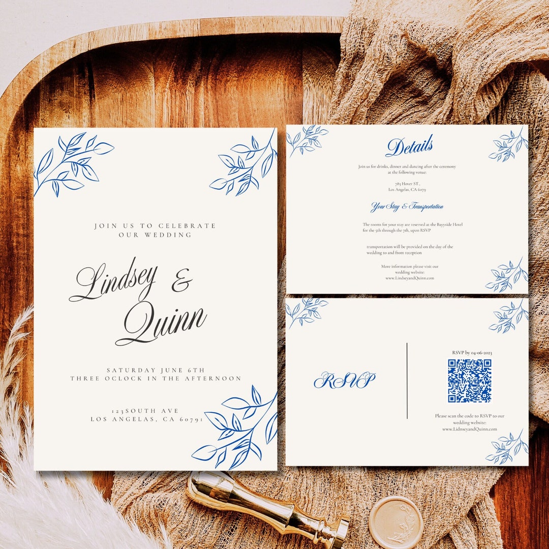 Minimalist Cream Colored Wedding Invitation Set, Blue Leaf Wedding ...