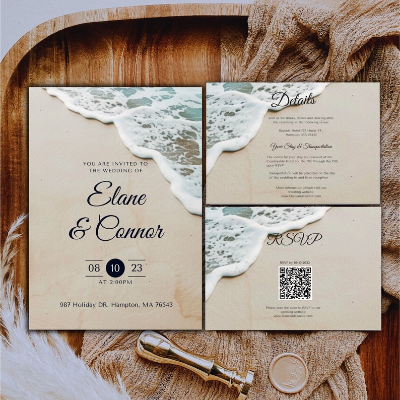 Beach Wedding Invitation, Beach Themed Wedding Invitation, Ocean Wedding Invitation, Waves ...