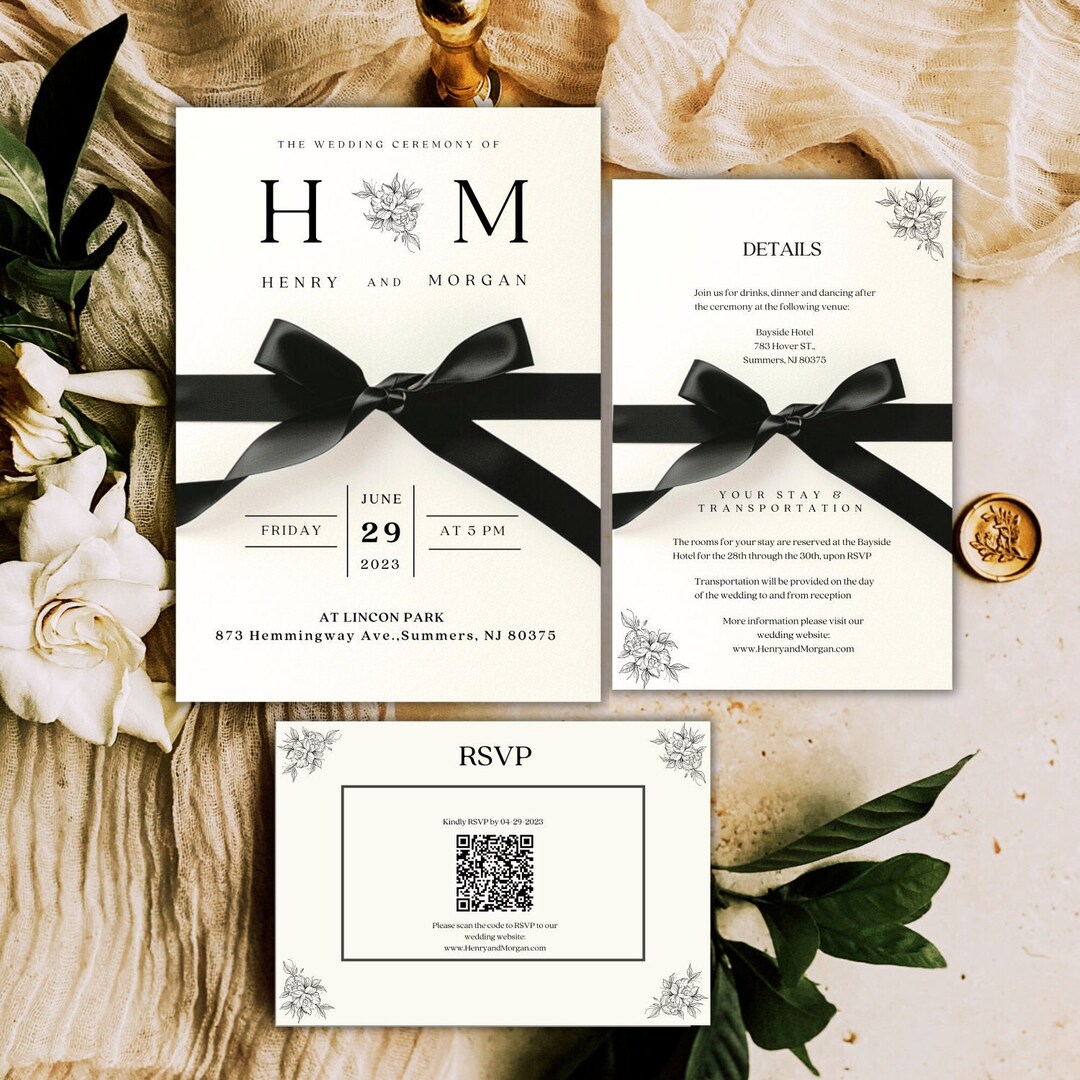 Elegant Wedding Invitation, Ribbon Wedding Invitation, Ivory Wedding ...