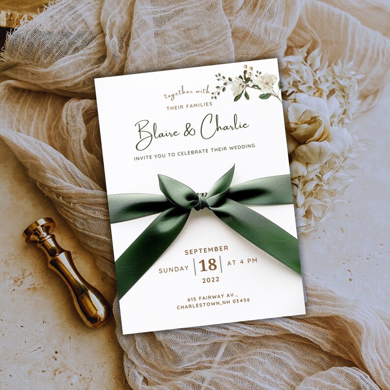 Elegant Wedding Invitation, Ribbon Wedding Invitation, Green Wedding ...