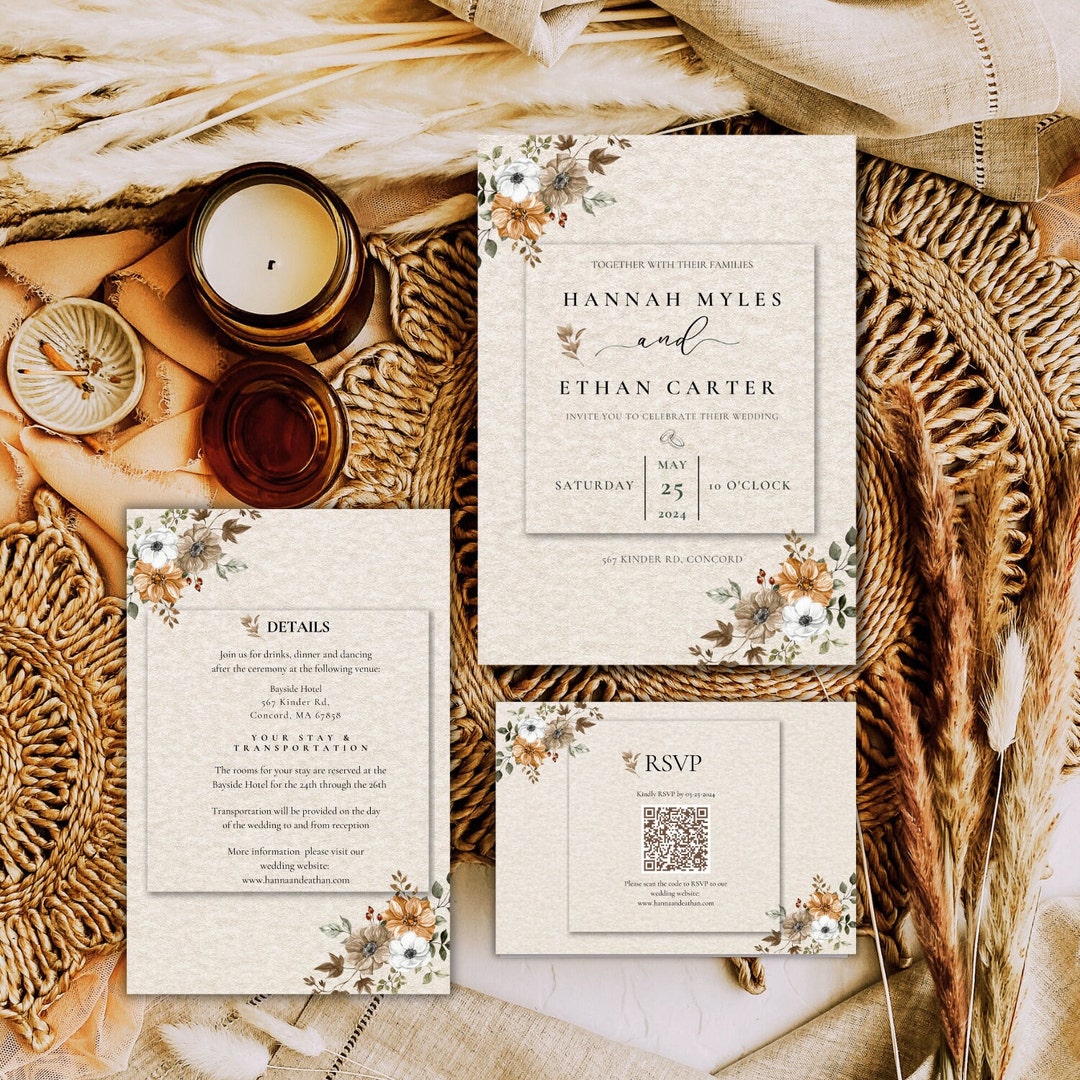 Minimalist Wedding Invitation, Brown Wedding Invitation, Floral Wedding ...