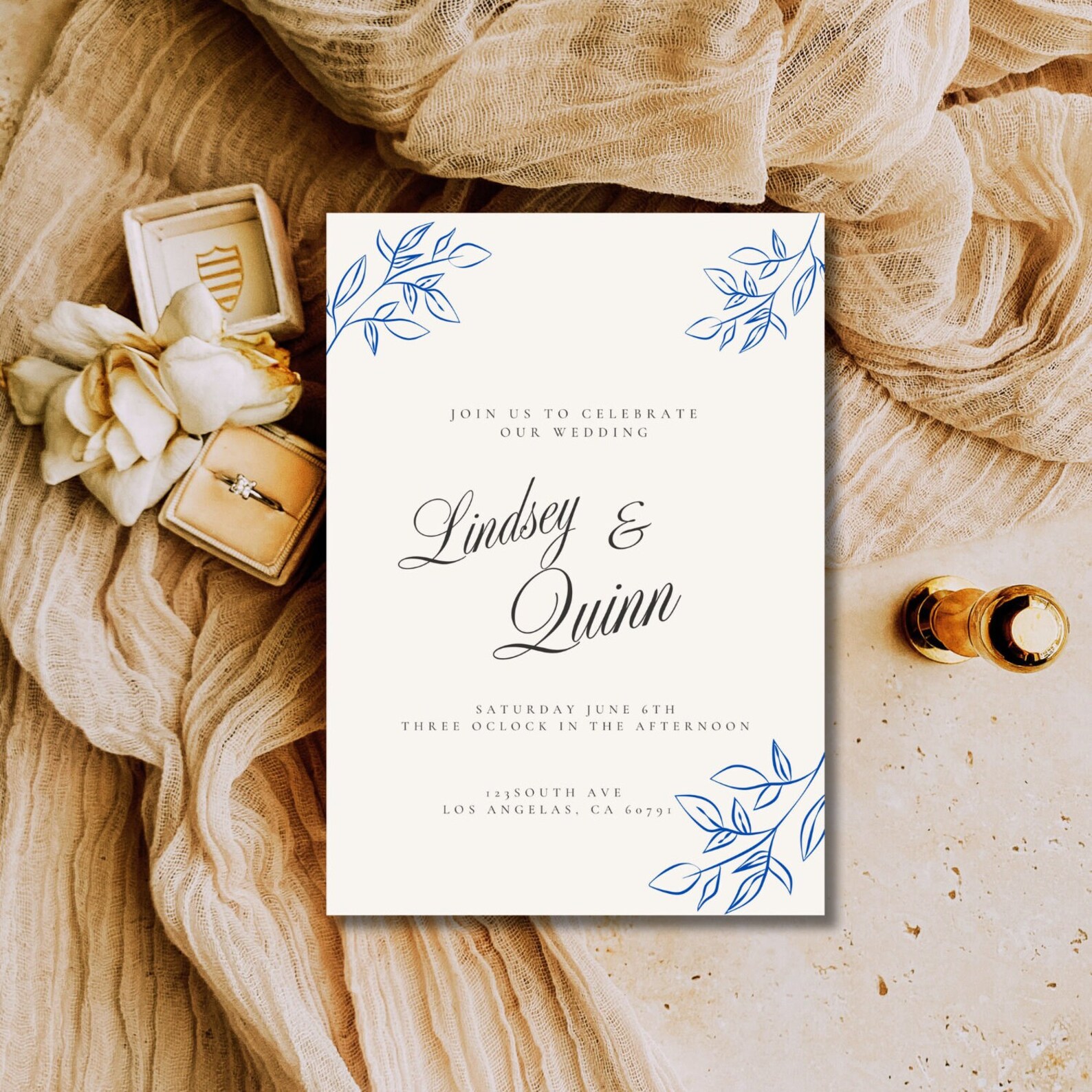 Minimalist Cream Colored Wedding Invitation Set, Blue Leaf Wedding ...