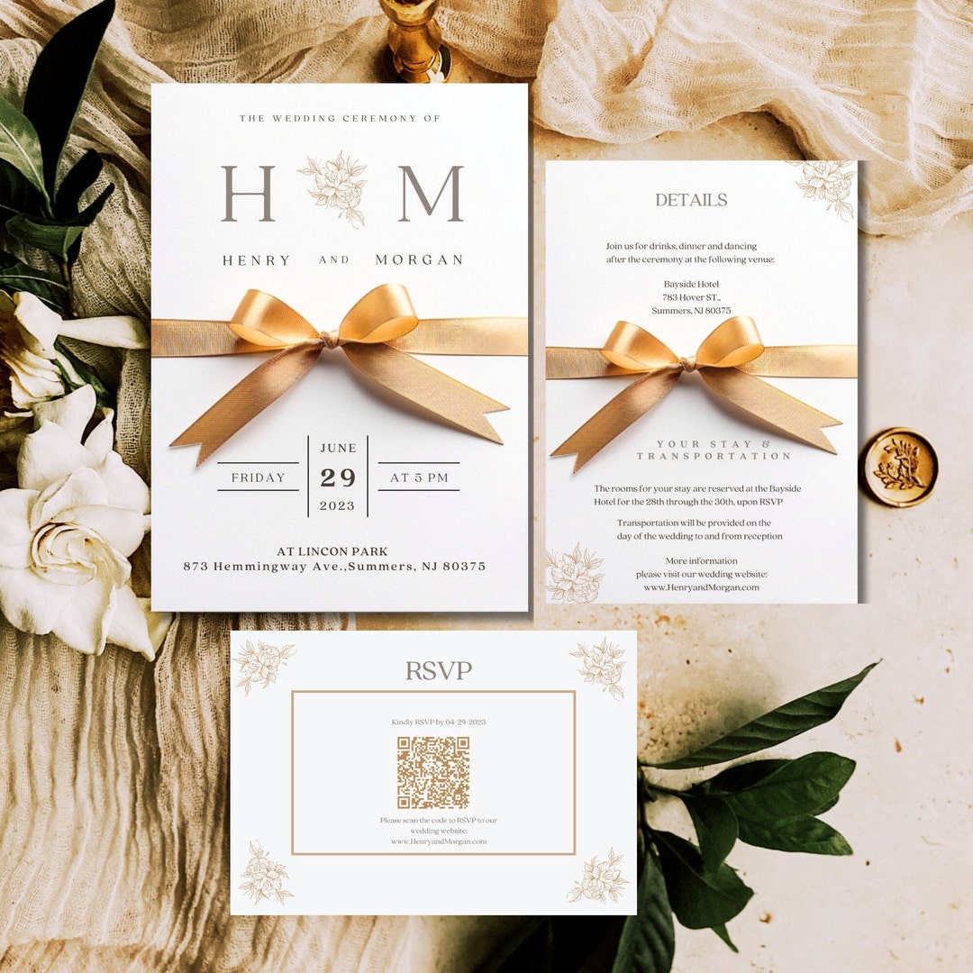 Elegant Wedding Invitation, Ribbon Weddin Invitation, Gold Wedding ...