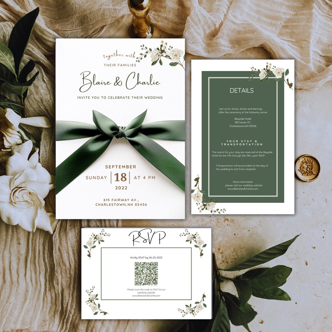 Elegant Wedding Invitation, Ribbon Wedding Invitation, Green Wedding ...