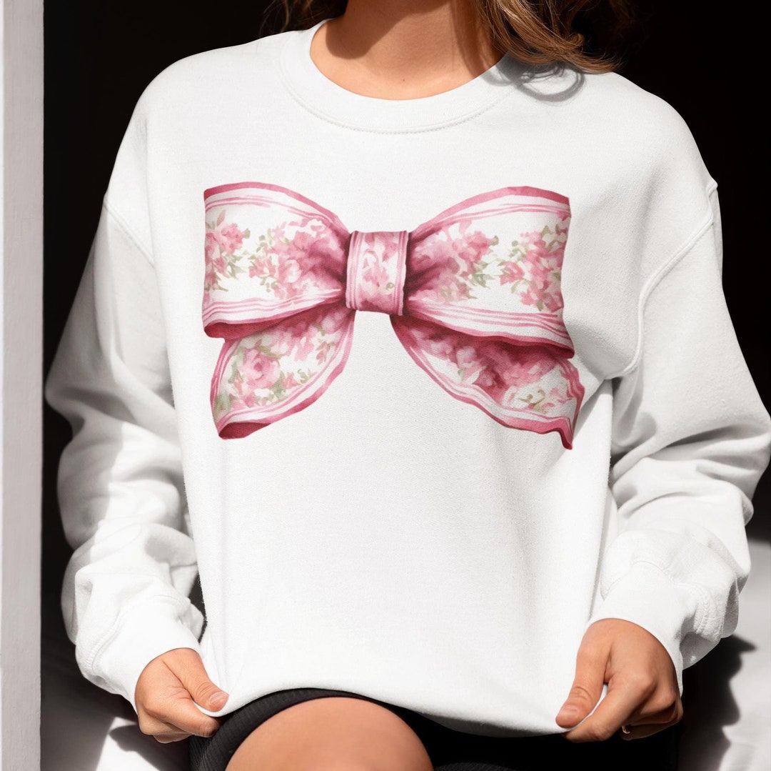Pink French Toile Sweatshirt, Coquette Bow Jumper, Feminine Toil De ...