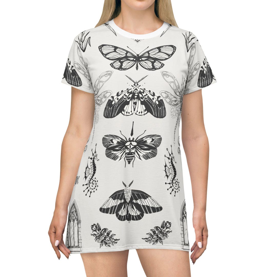 Steampunk T-shirt Dress, Dark Butterfly Mini Dress, Weirdcore Fashion ...
