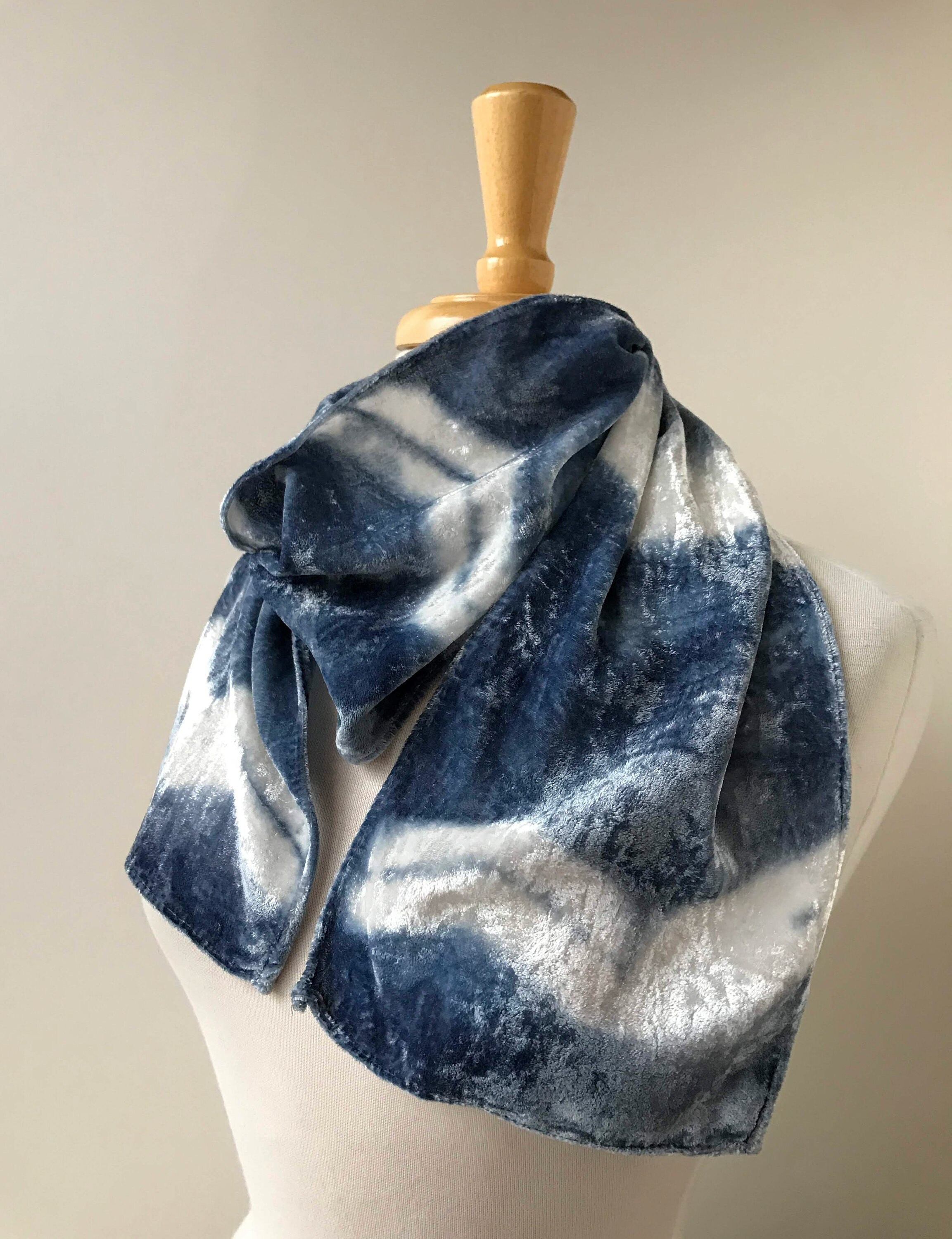 Velvet Scarf, Indigo Blue and White, Hand Dyed With Natural Dyes, Rayon ...
