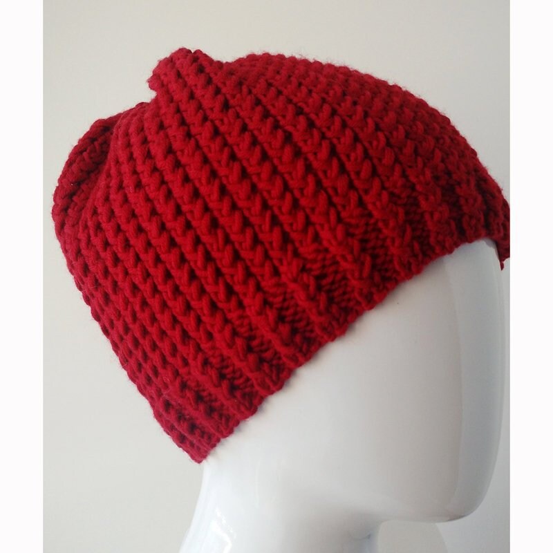 RED Textured Rib Merino Wool Hand Knit Hat, Toque, Beanie, Chunky ...