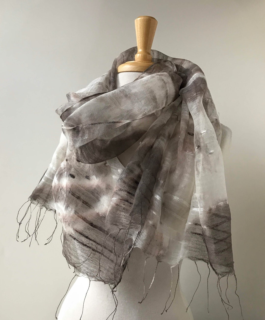 Naturally Dyed Shibori Scarf With Fringe, Silk and Cotton Scarf, Taupe ...