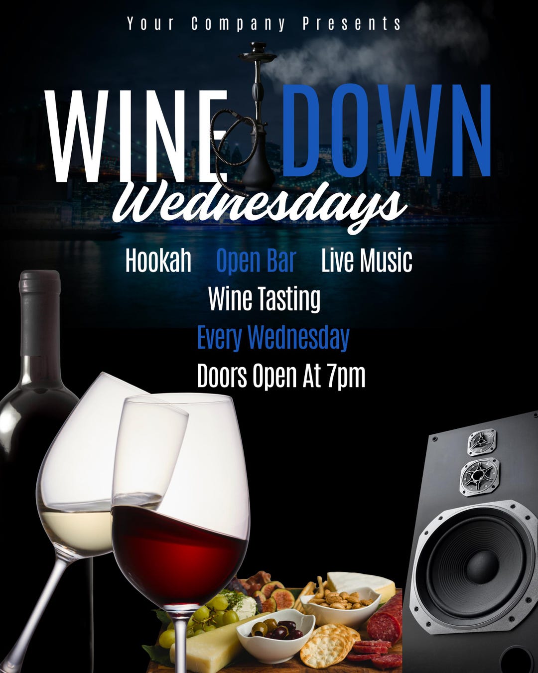 Wine Down Wednesday Flyer Template: Lounge & Nightclub Event (editable ...