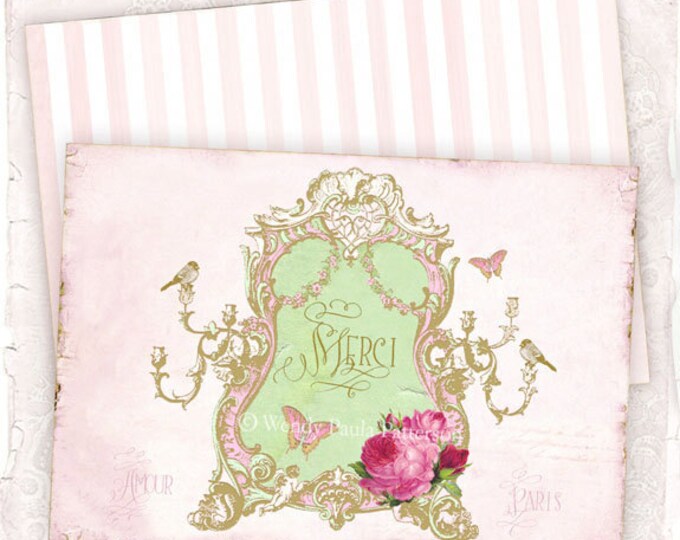 Pink Rose Merci French Note Cards - Etsy