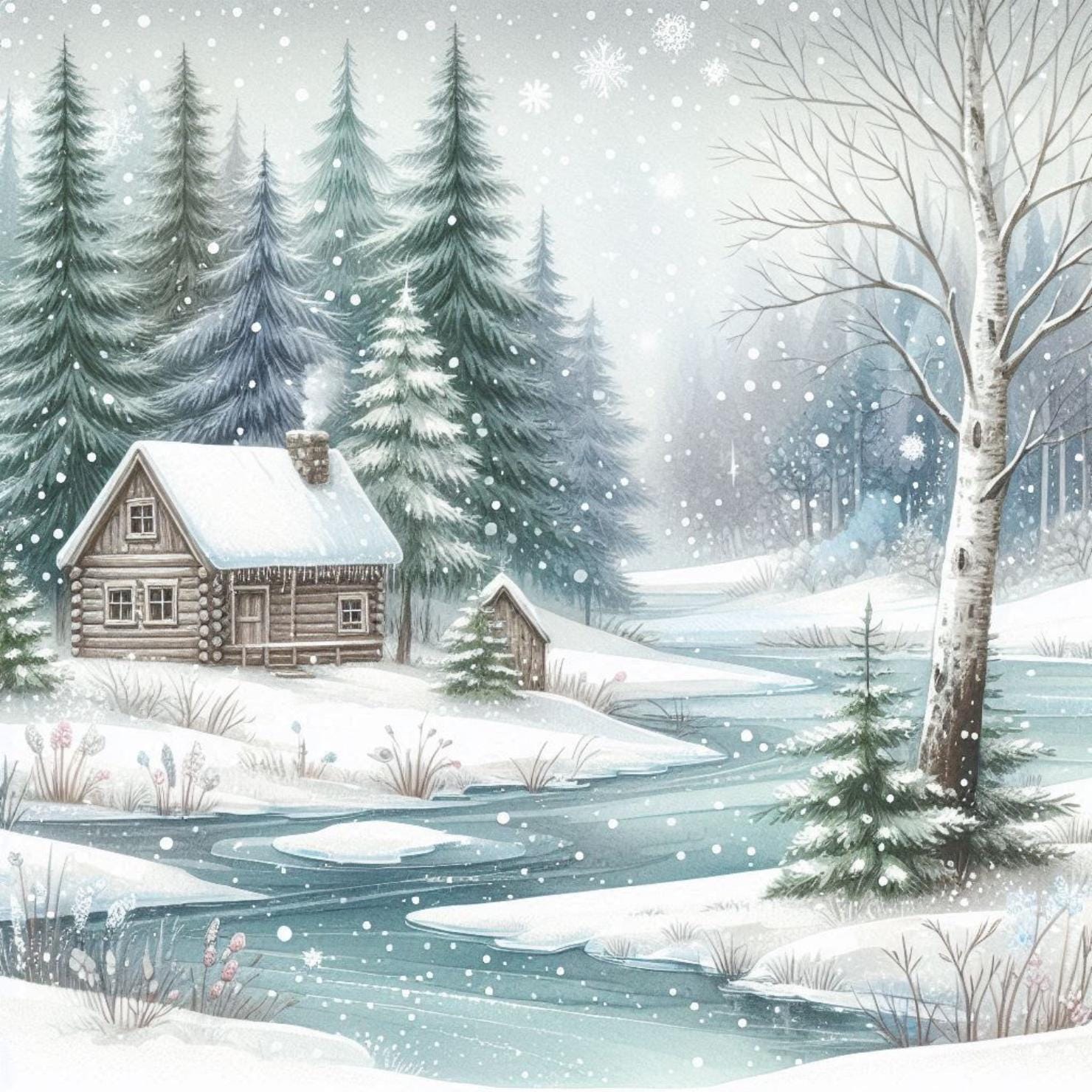 Winter Landscape Clipart 15 JPG, Pastel Watercolor Clipart, Winter ...