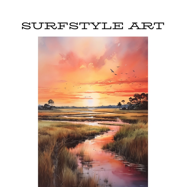 Summer Coastal Art: Watercolor Sunset Over Low Country Marsh Print ...