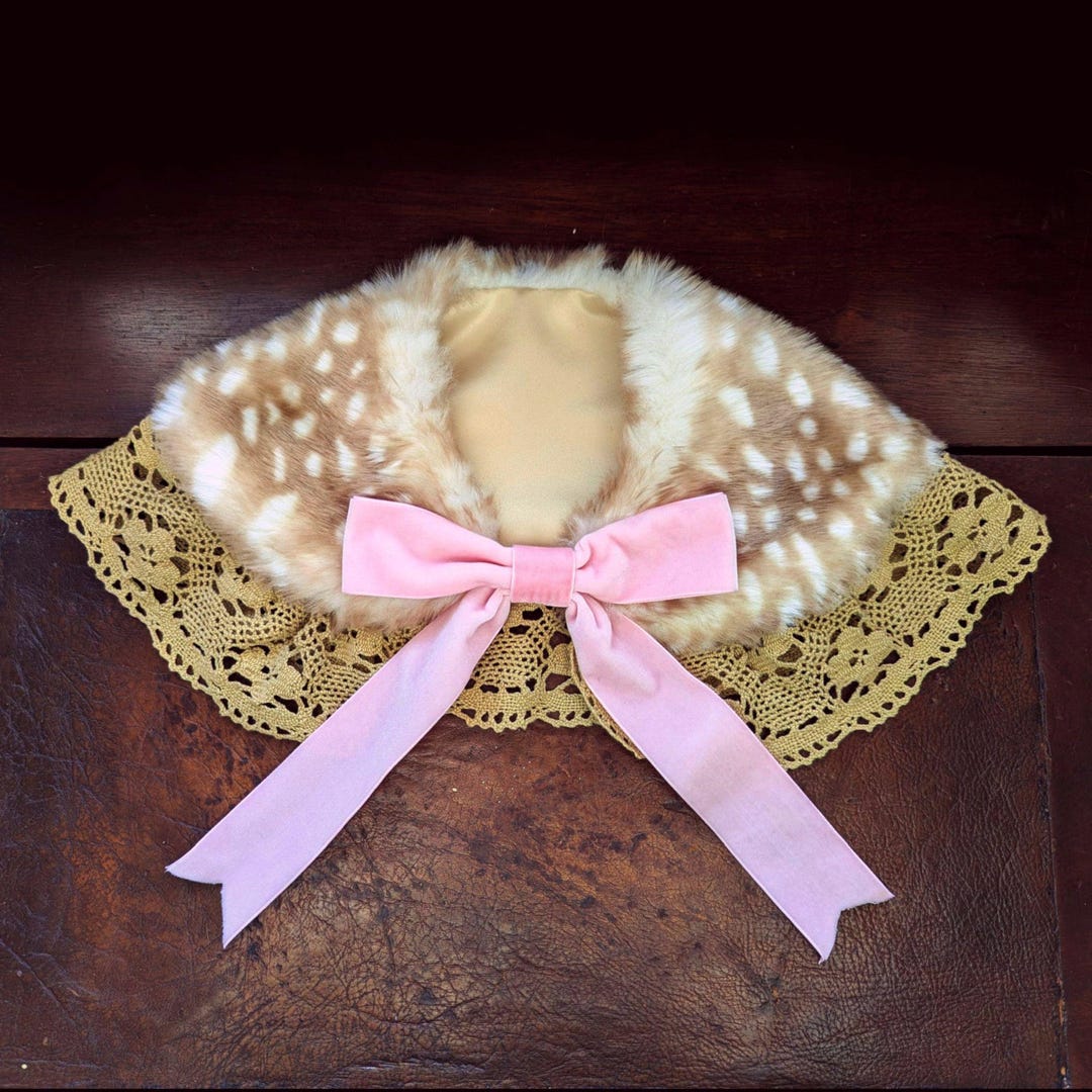 SPOTTED FAWN Deer Fur Bow Collar With Cluny Lace (brown, Pink, or Lilac ...