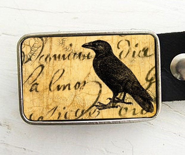 Metal Belt Buckle Nevermore Raven on aged handwriting | Etsy
