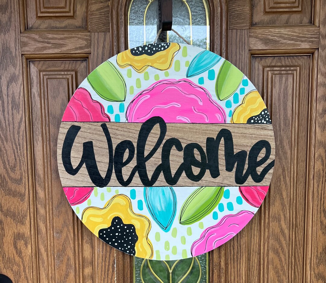 Welcome Door Sign | Bright Door Sign | Floral Door Sign | Welcome Door ...