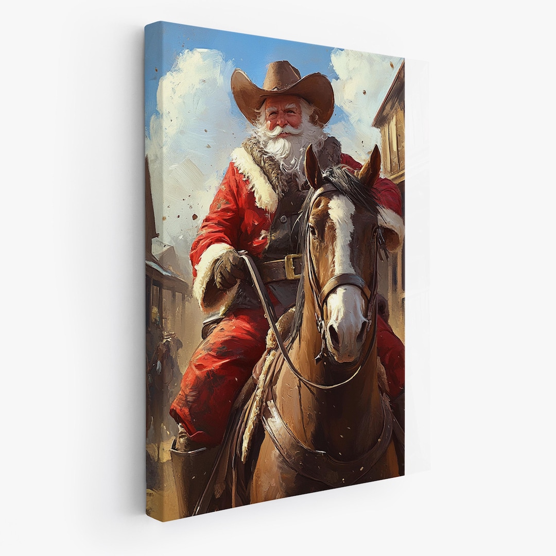 Santa Claus Western Cowboys Print Vintage Style Painting Cozy Christmas ...
