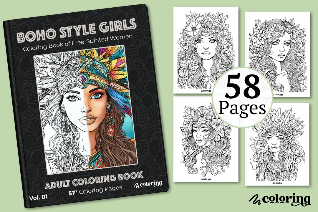 Boho Style Girls 58 Coloring Pages: Adult Coloring Book || - (PDF ...