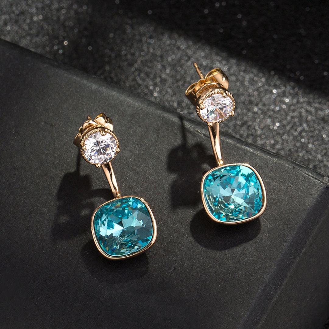 Swarovski Crystal Front Back 2 in 1 Drop Earrings for Women Girls 14K ...