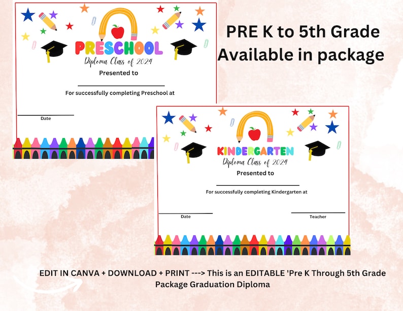 Editable Pre K First Second Third Fourth Fifth Grade Certificate ...