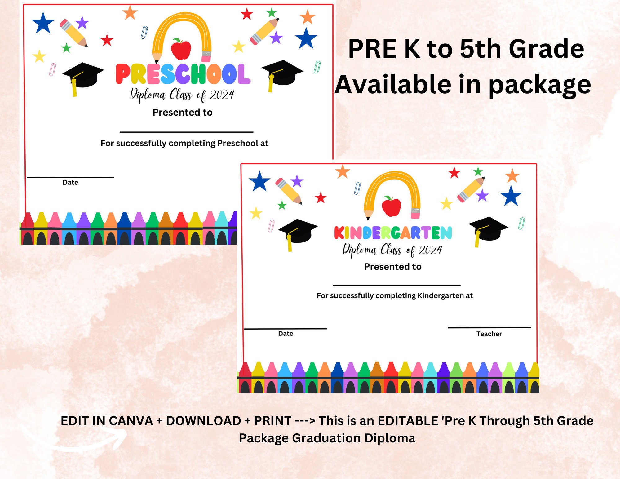 Editable Pre K First Second Third Fourth Fifth Grade Certificate ...