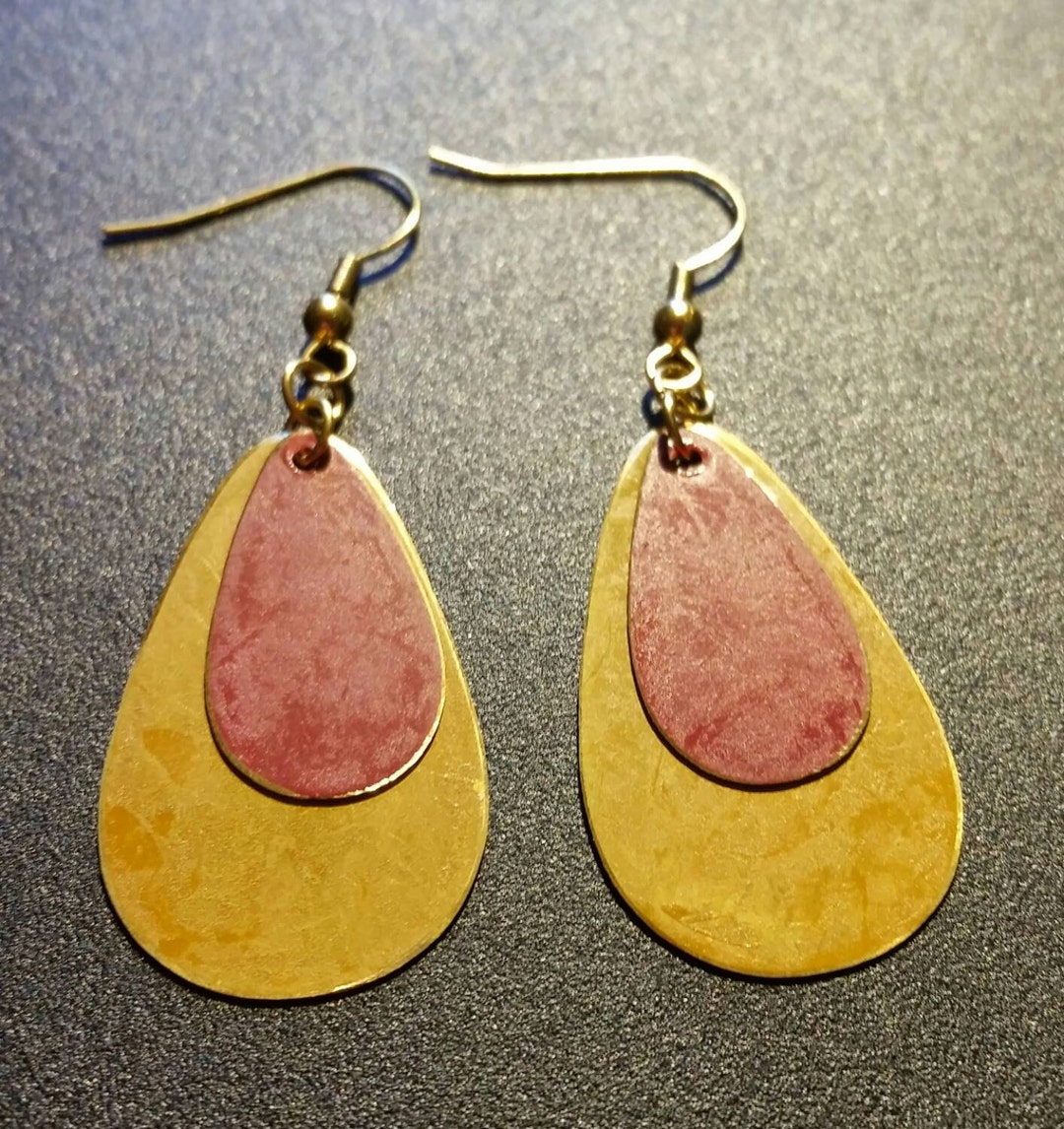 Crimson and Golden Yellow Patina Teardrop Earrings - Etsy