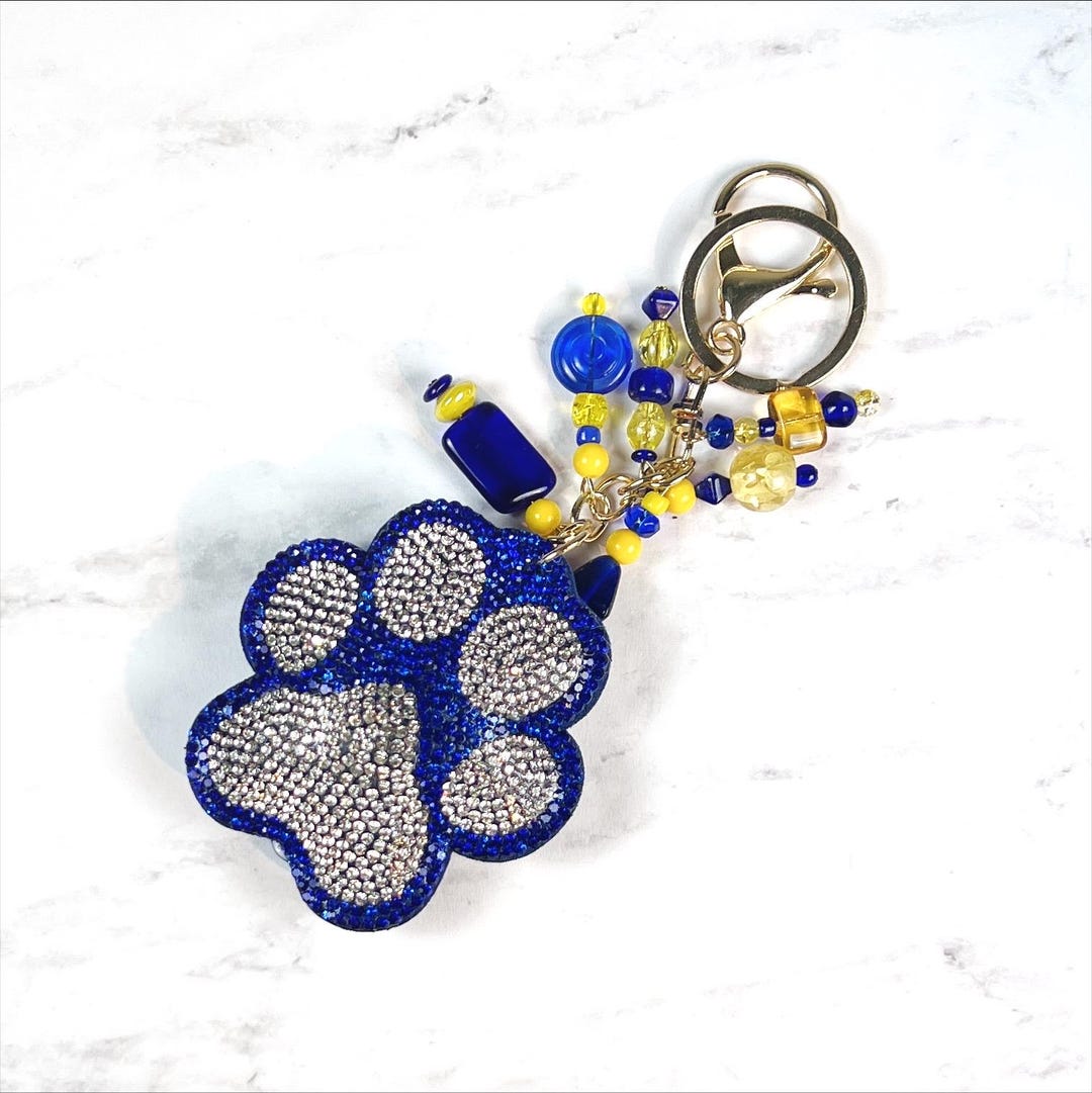 Royal Blue and Golden Yellow Crystal Paw Print Beaded Keychain / Bag ...