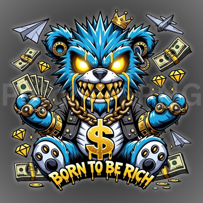 Rich Gang Bear PNG - Blue Graffiti Money Monster Art for DTF ...