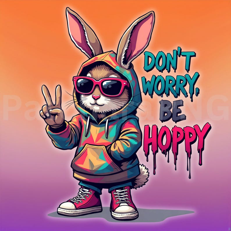 Be Hoppy Bunny PNG | Cute Bunny Clipart With Graffiti Text and Peace ...