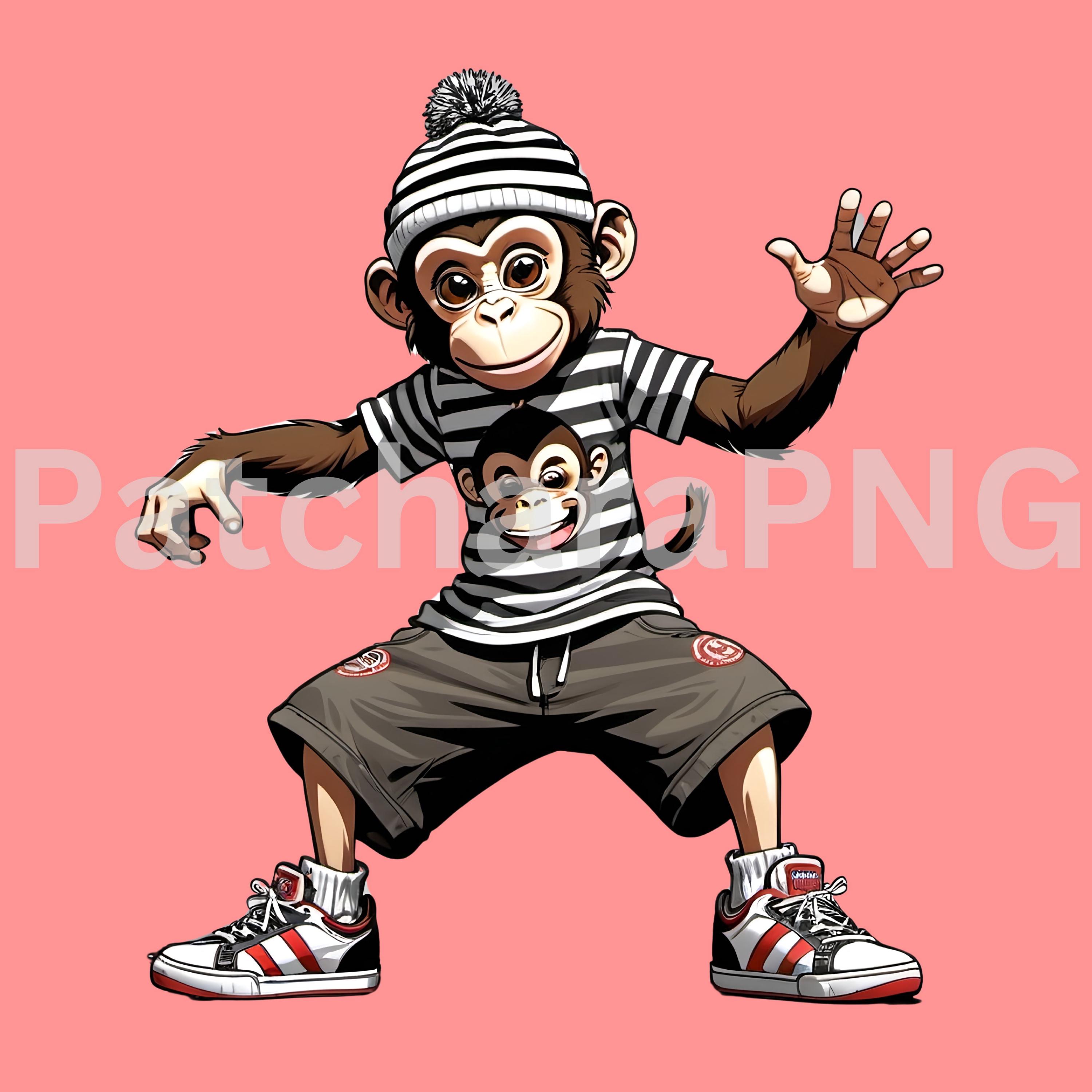 Hip Hop Chimp PNG | Dancing Chimpanzee Clipart in Cap and Striped Shirt ...