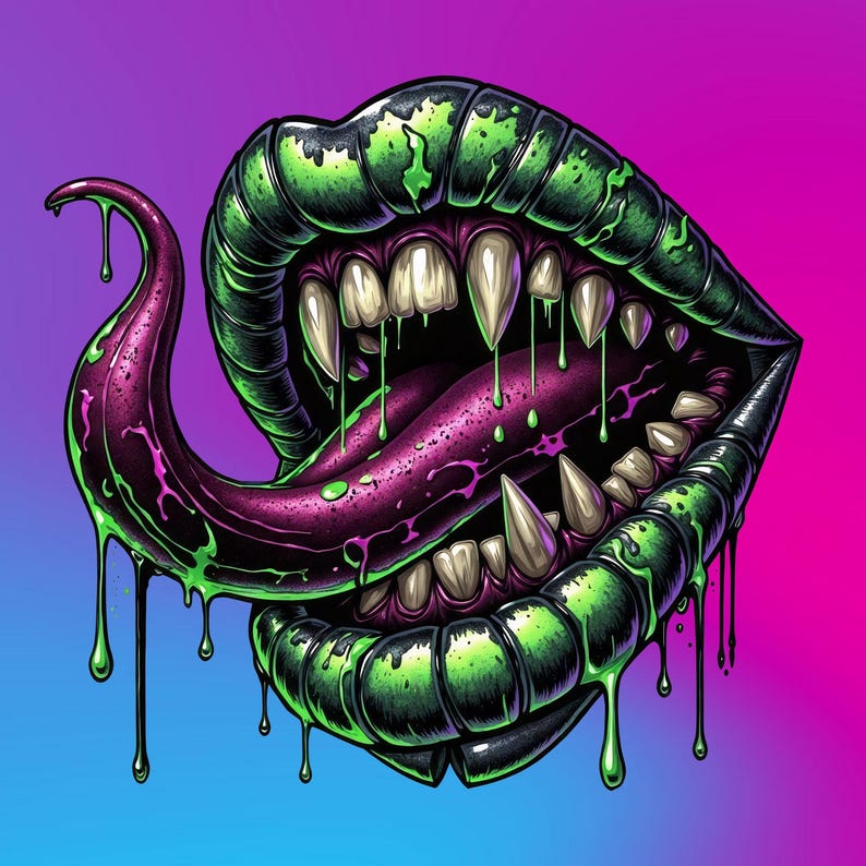 Neon Lips PNG, Monster Lips | Dripping Slime Tongue & Fangs Clipart for ...