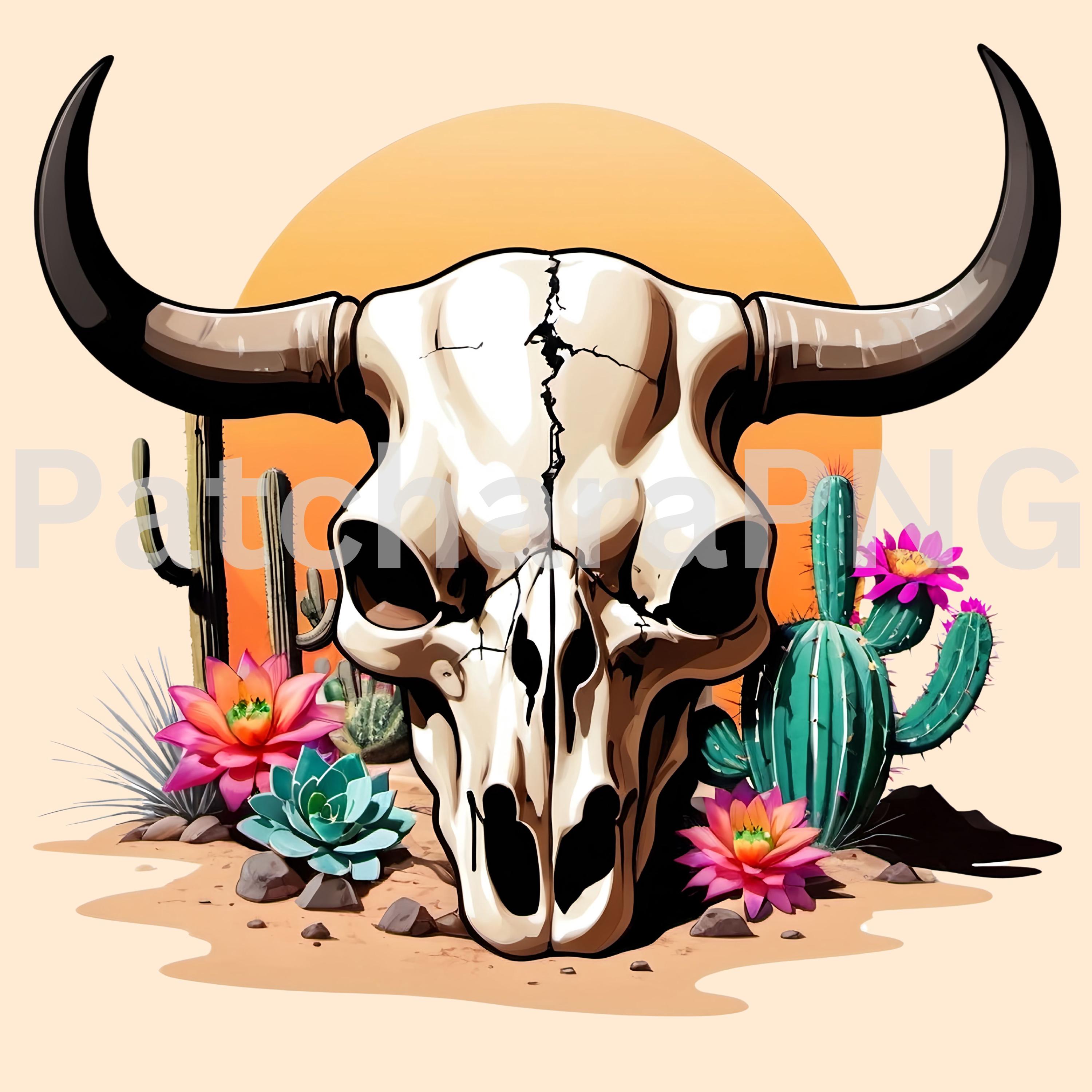 Desert Cow Skull Graffiti Art With Cacti and Flowers Cow Skull and ...