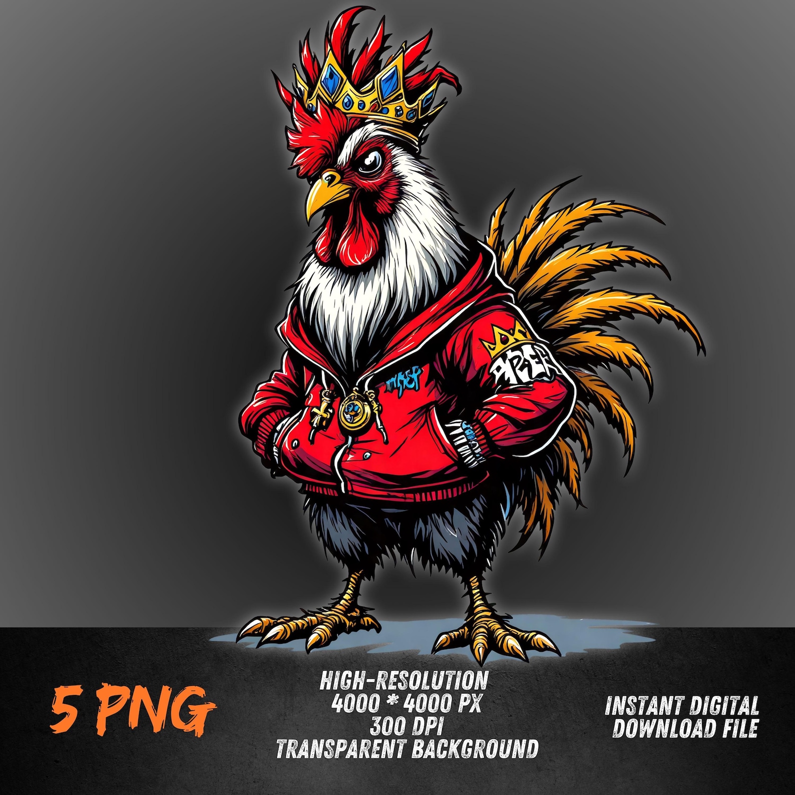 Rooster King PNG | Gangsta Chicken Clipart With Crown and Hoodie ...