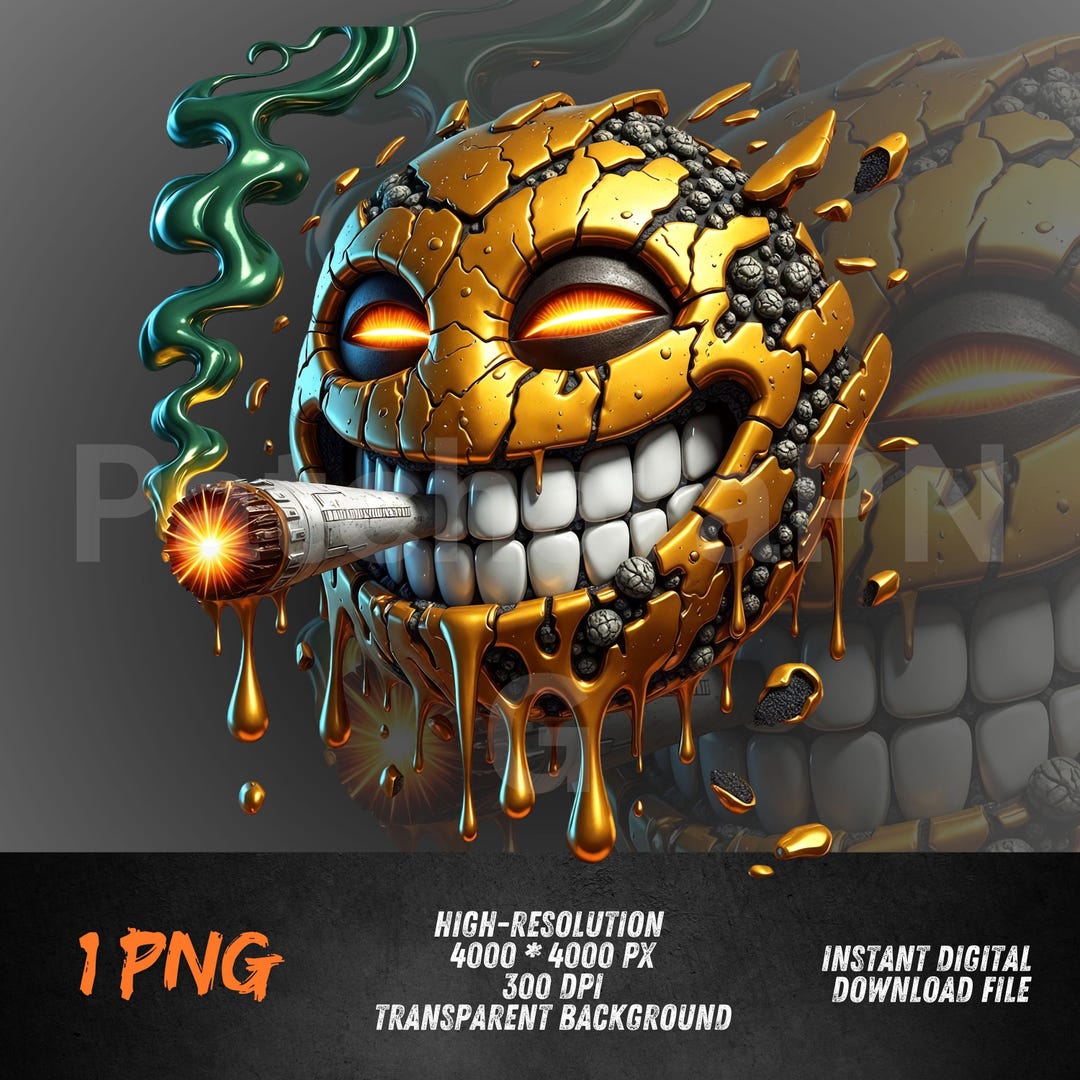 Golden Smiley Face PNG, Smoking Grunge Clipart for Streetwear DTF ...