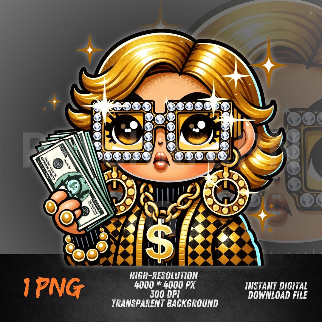 Gold Glam Boss Girl Clipart PNG | Bling Money Queen With Cash | Digital ...