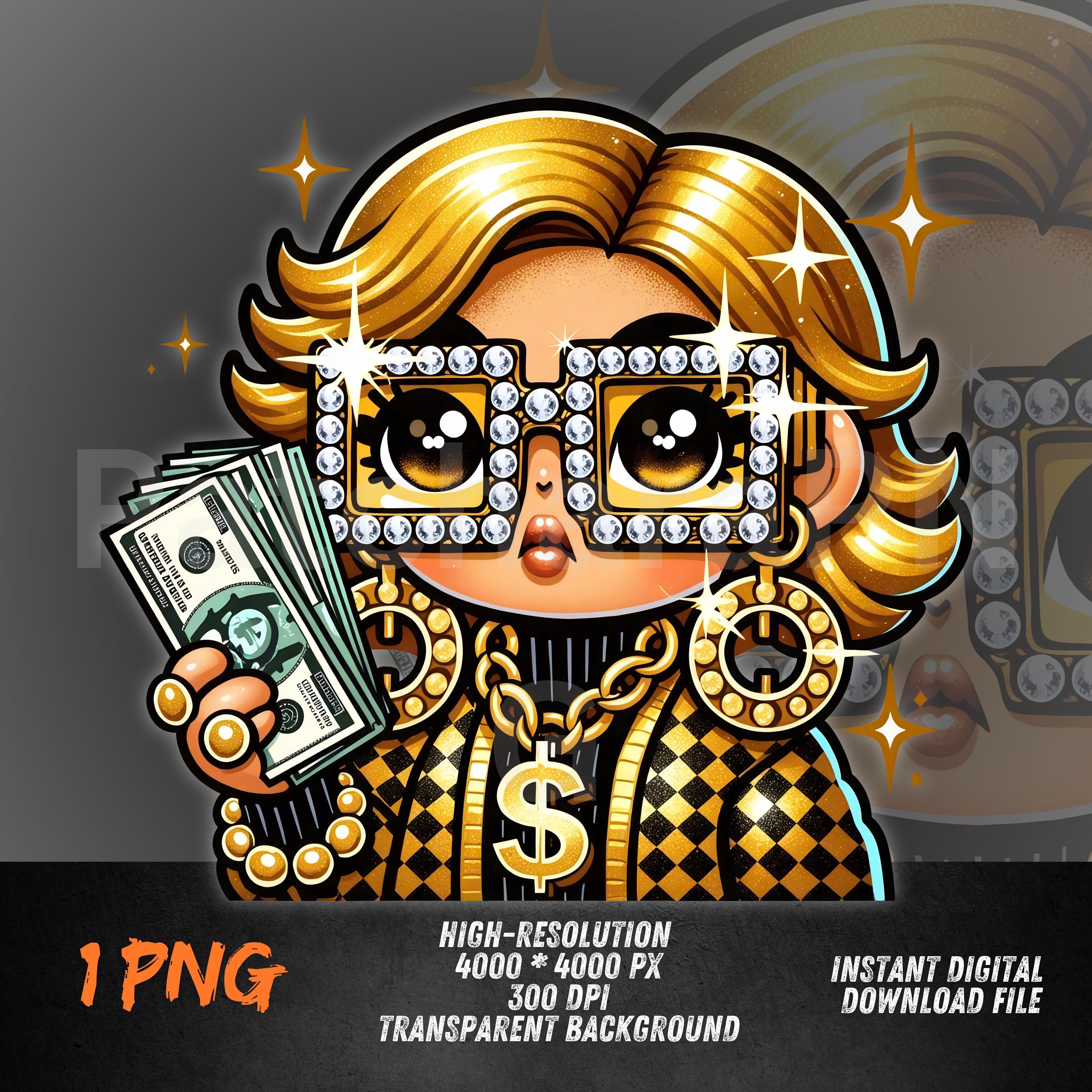 Gold Glam Boss Girl Clipart PNG | Bling Money Queen With Cash | Digital ...