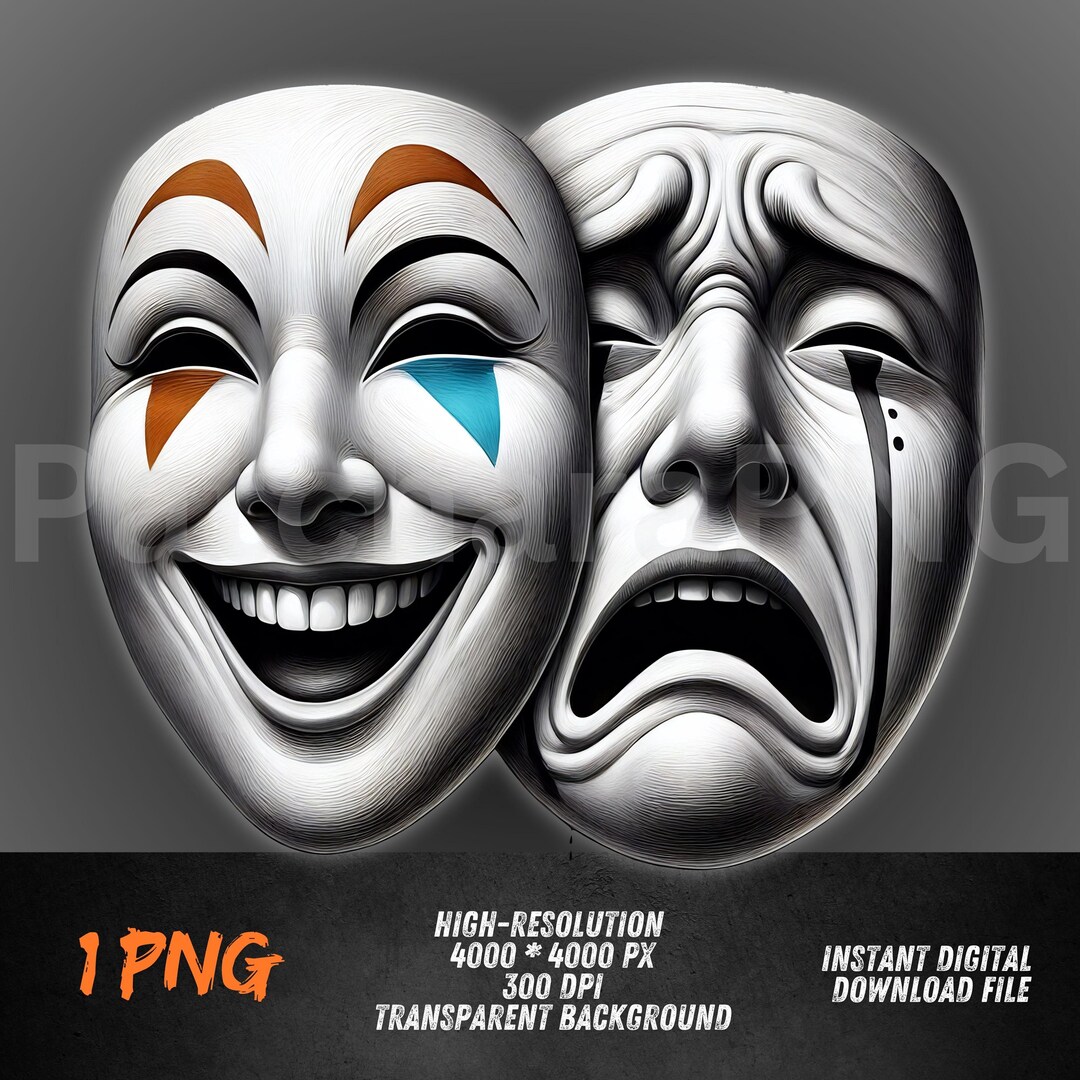 Dual Mask PNG | Comedy and Tragedy Theater Mask Clipart | Black and ...