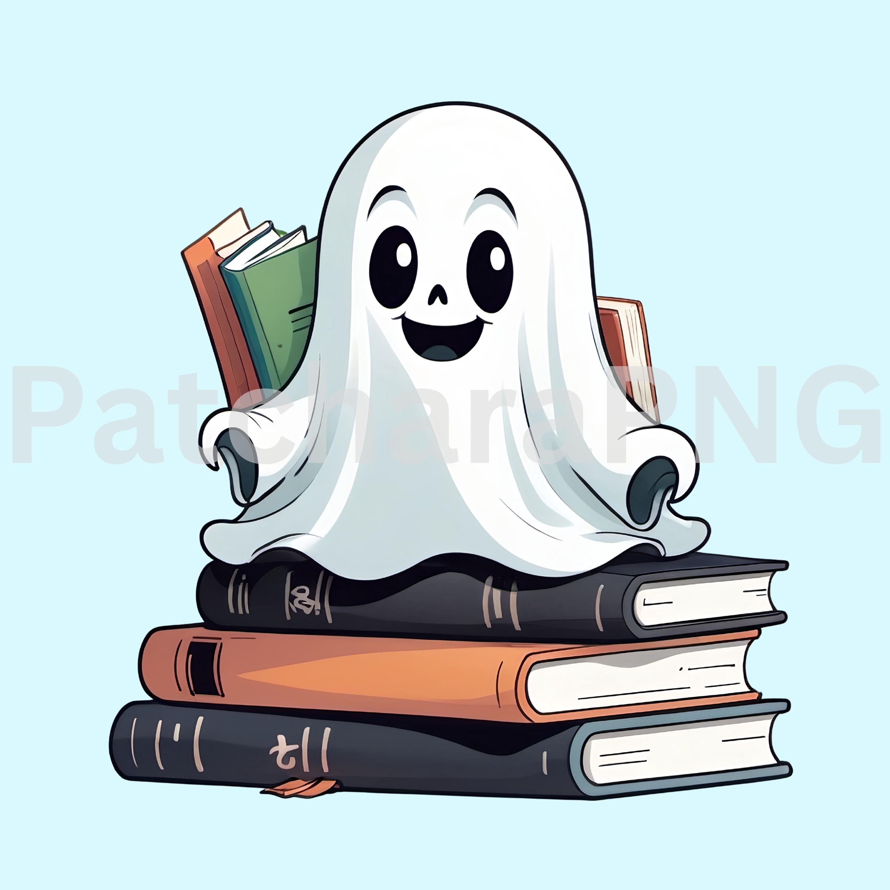 Cute Ghost Reading a Book Cartoon Whimsical Academic Art Spooky Playful ...
