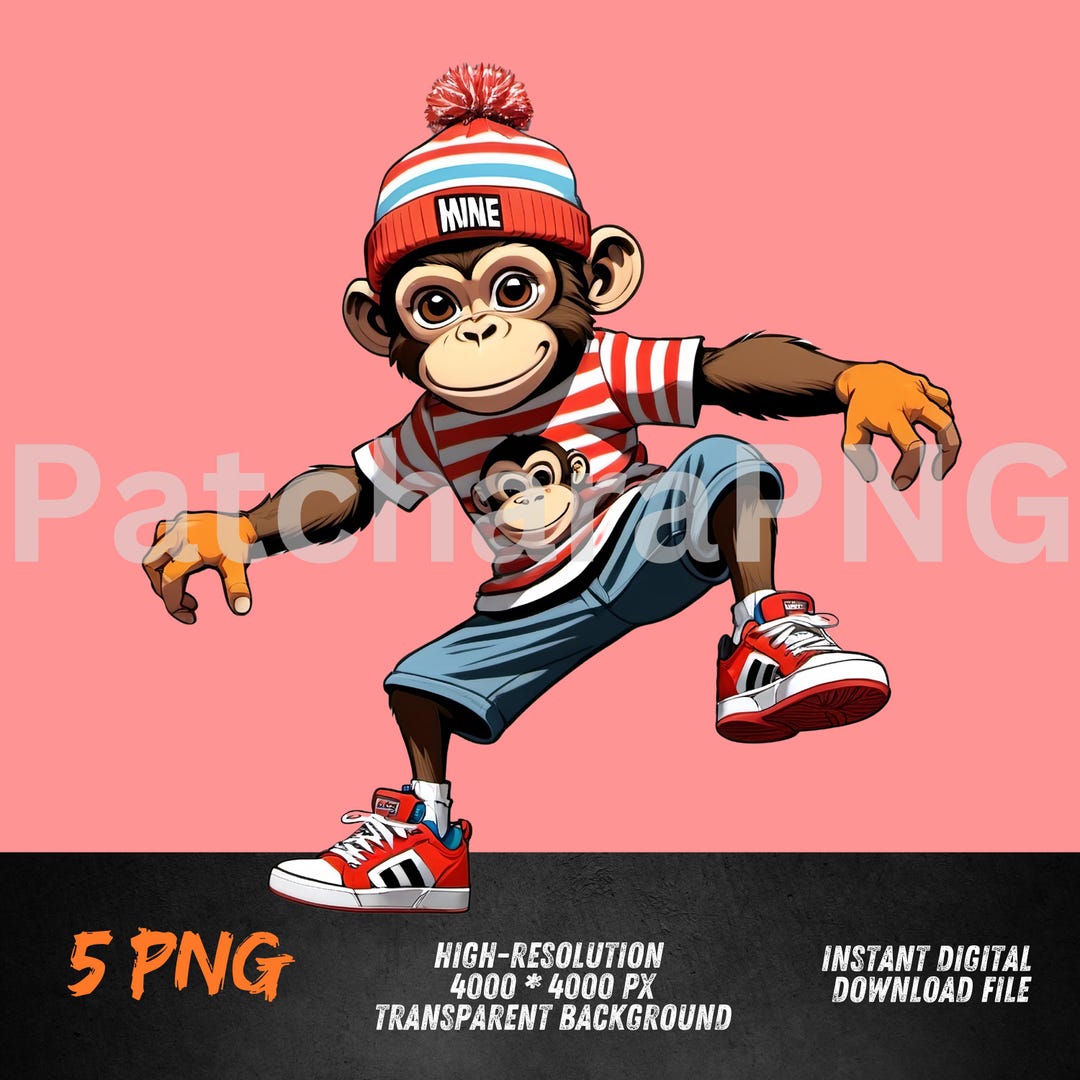 Hip Hop Chimp PNG | Dancing Chimpanzee Clipart in Cap and Striped Shirt ...