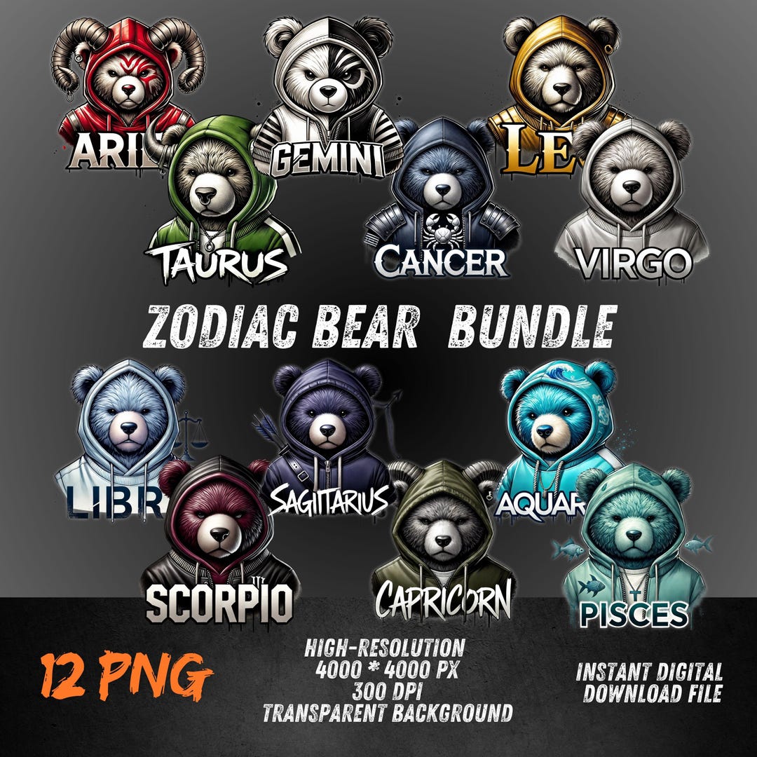 Zodiac Design Png Bundle | 12 Horoscope Bear Clipart in Hoodies ...