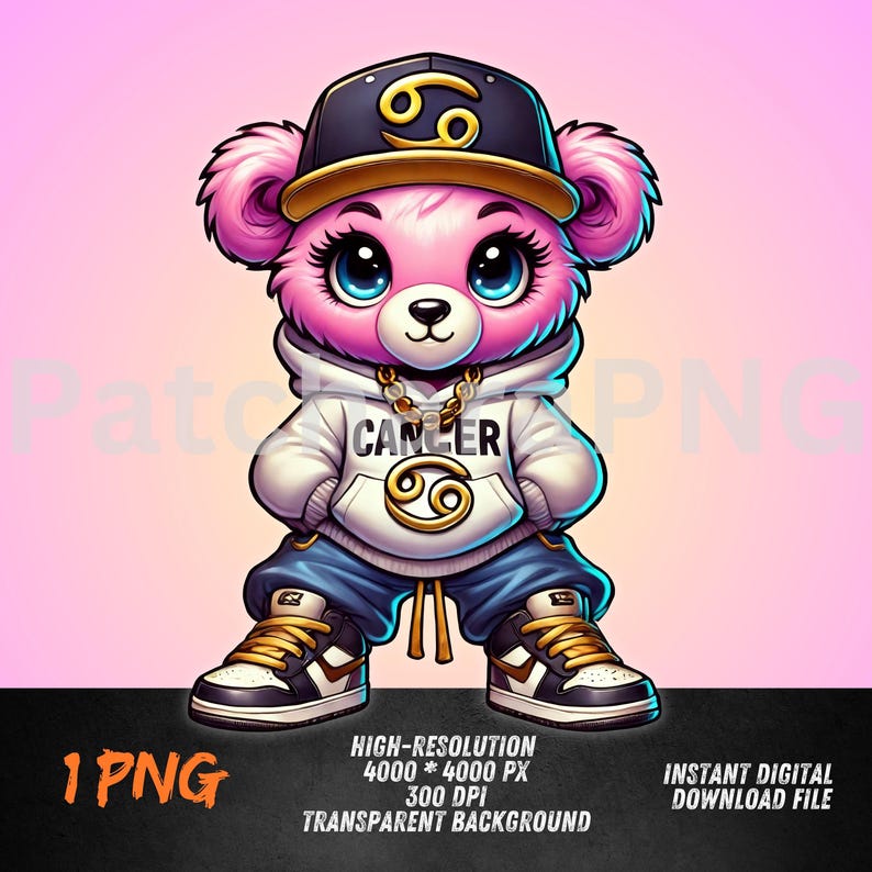 Cancer Zodiac Bear in Streetwear | Cute Cancer Cartoon Character PNG ...