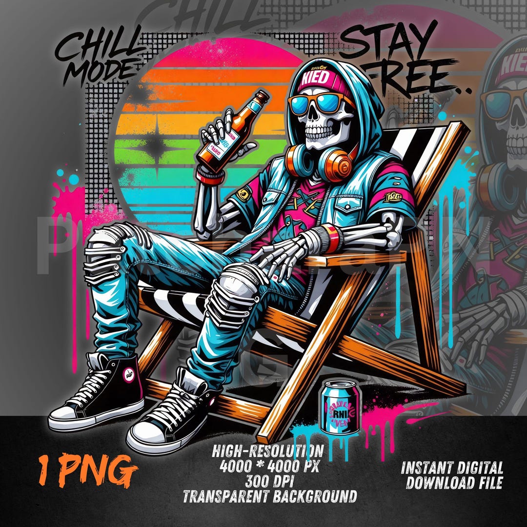Skeleton Chill Clipart | Vaporwave Skull PNG for Sublimation | Retro ...