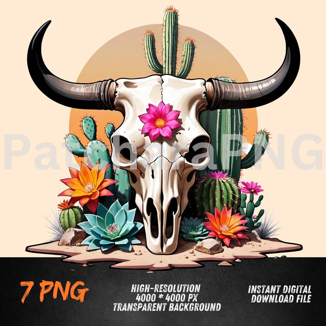 Desert Cow Skull Graffiti Art With Cacti and Flowers Cow Skull and ...