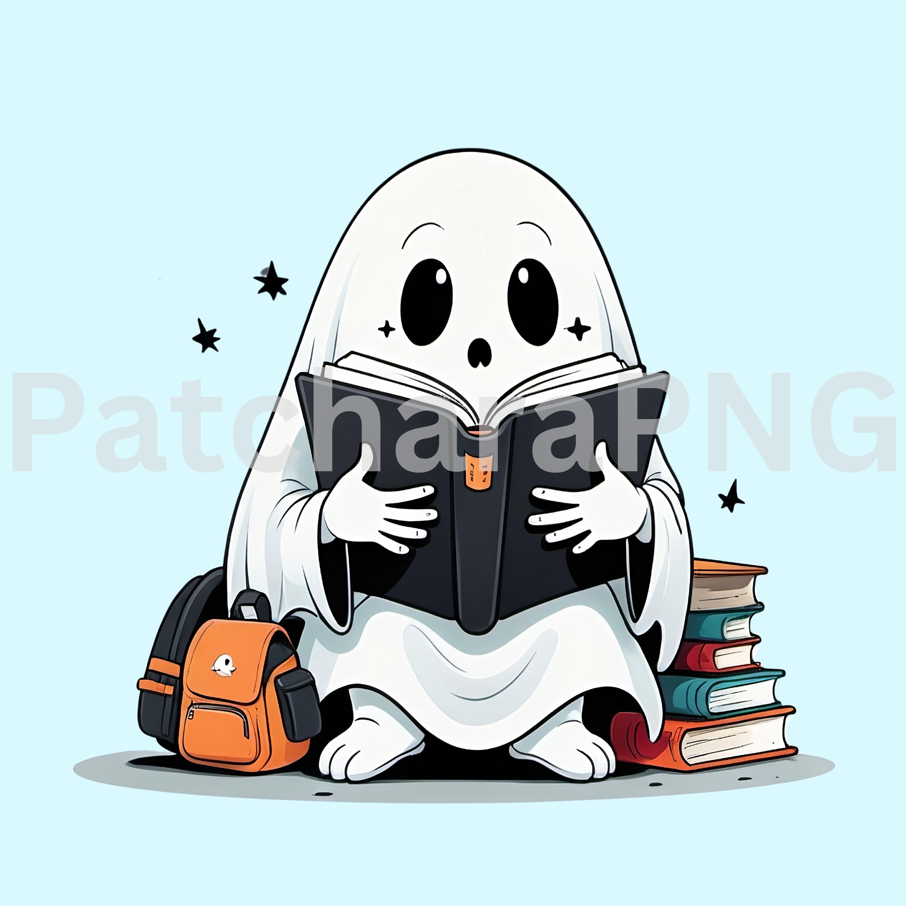 Cute Ghost Reading a Book Cartoon Whimsical Academic Art Spooky Playful ...