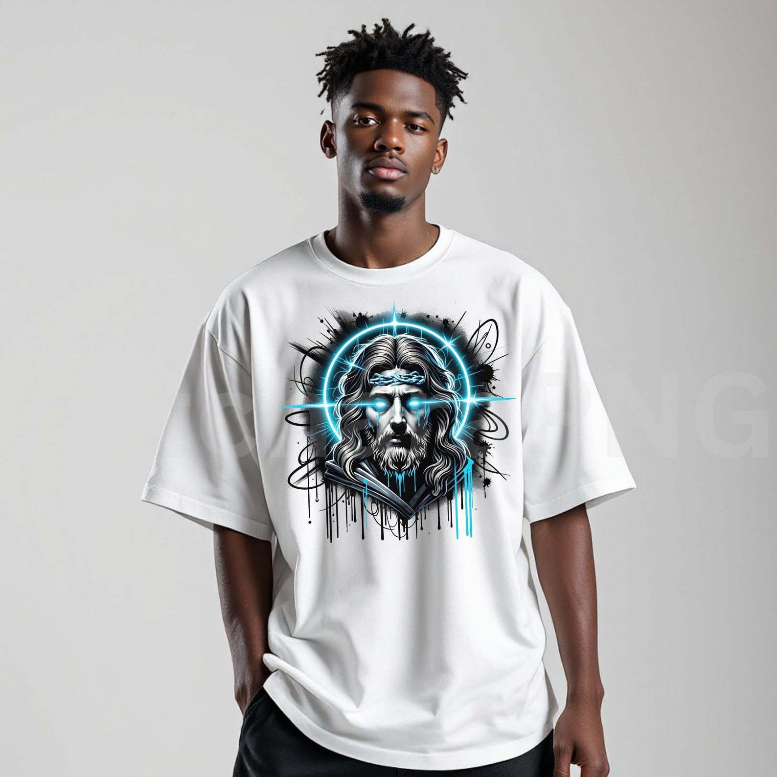 Jesus Dark Art PNG Neon Blue Halo Chrome Drip Religious Illustration - Etsy
